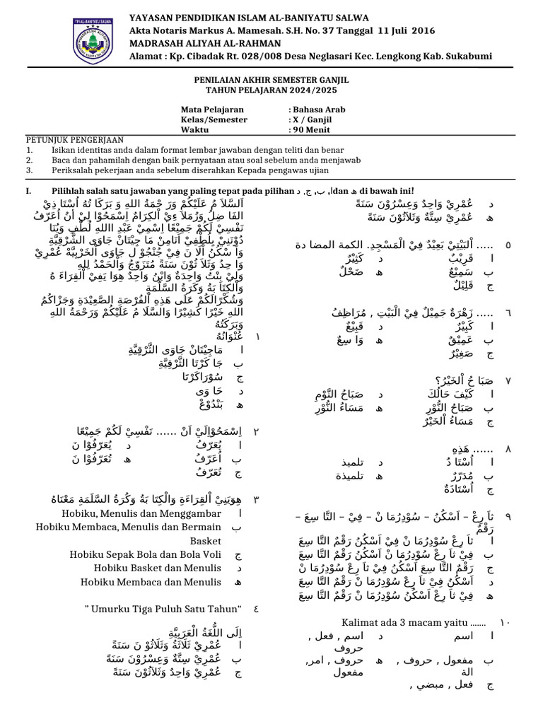 Soal PAS Ganjil 22 Bahasa Arab Kelas 10 | PDF