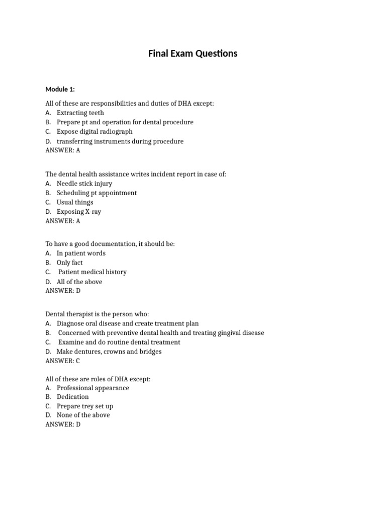 Final Exam Questions for Dental Health Assistants | PDF | Dentistry ...