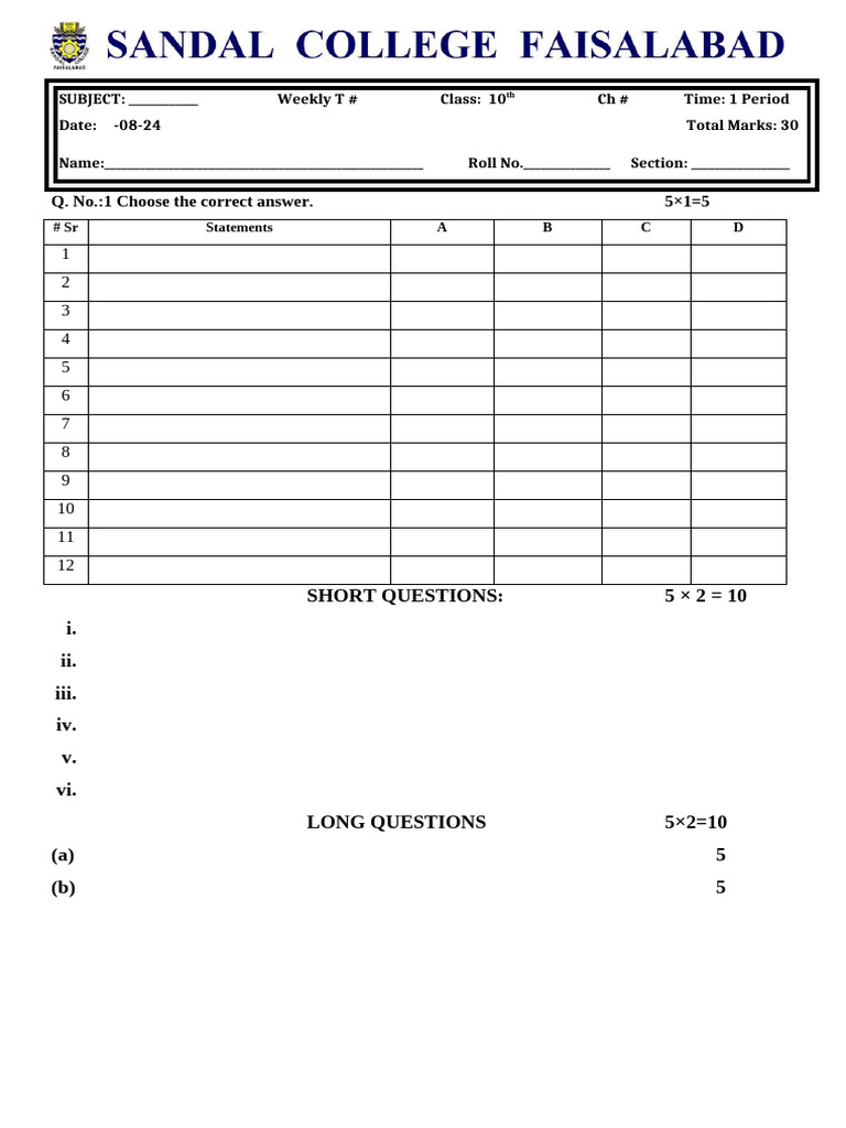 10th Grade Weekly Assessment Template | PDF