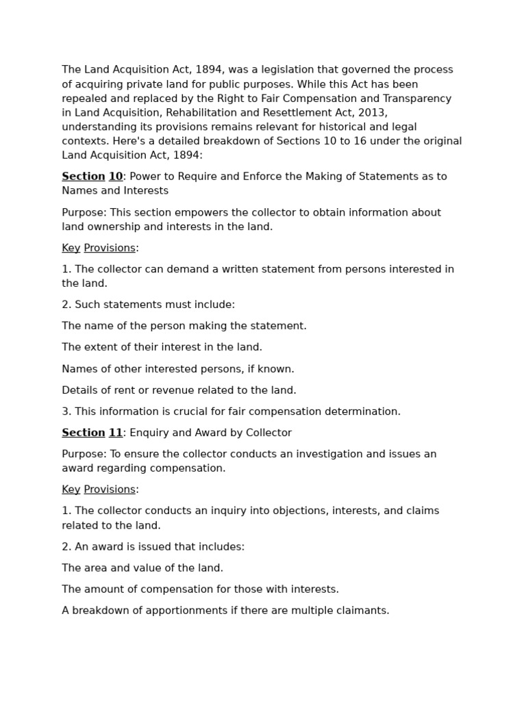 Overview of Land Acquisition Act 1894 Sections | PDF | Eminent Domain | Civil Law (Common Law)