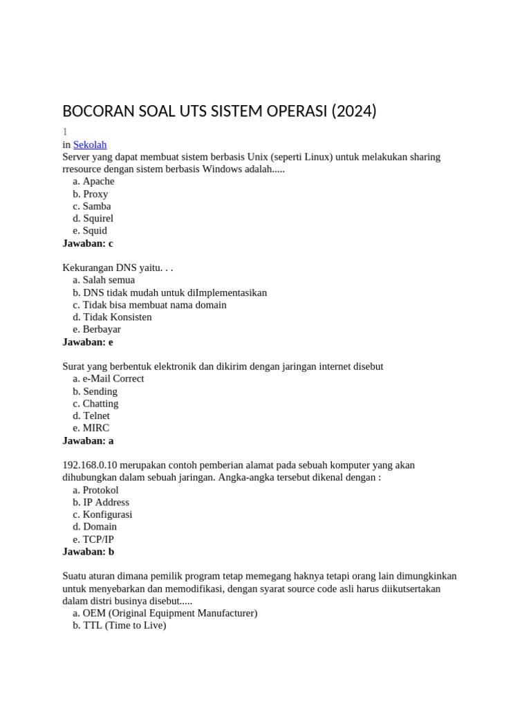 BOCORAN SOAL UTS 2024 Sistem Operasi | PDF