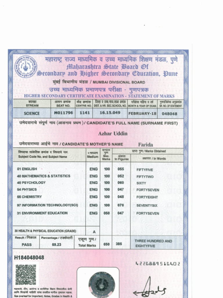 12TH MARKS SHEET-copy | PDF