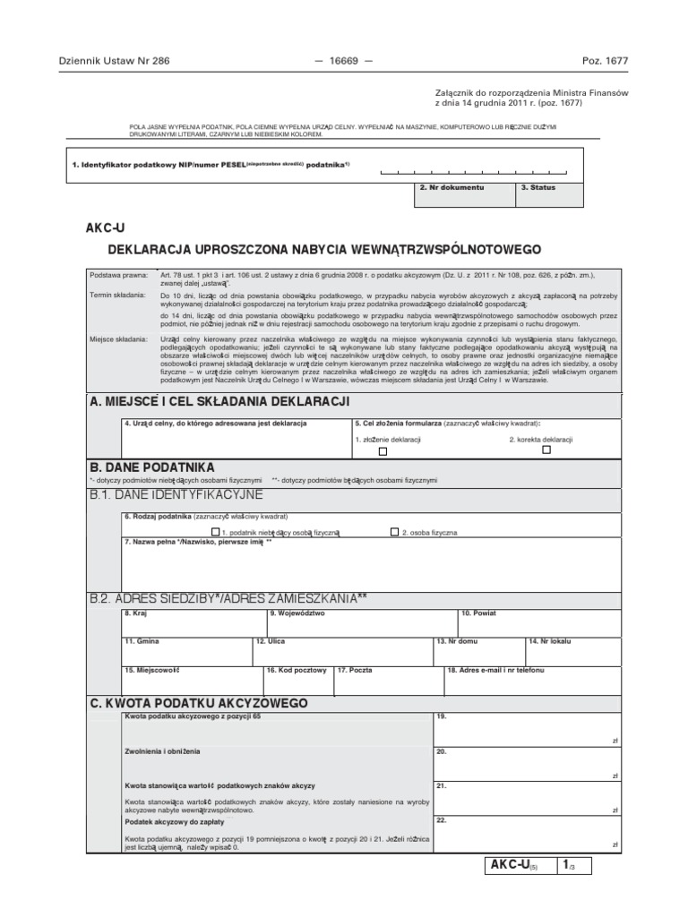 AKC-U Deklaracja Uproszczona Nabycia Wewnątrzwspólnotowego | PDF