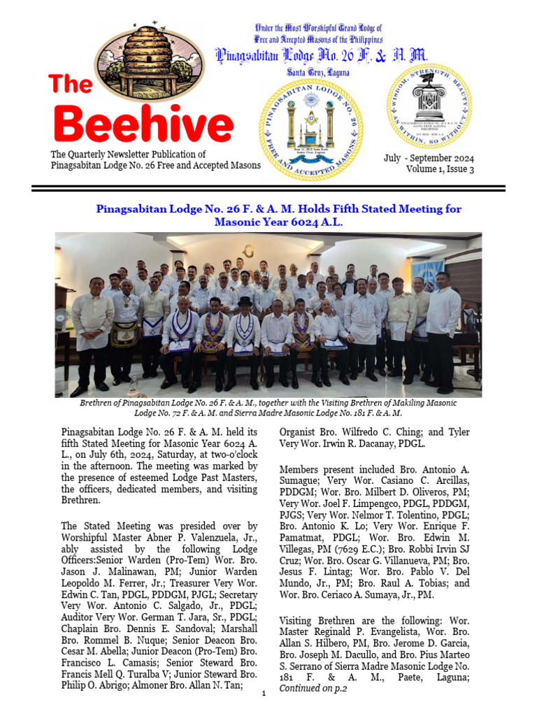 The Beehive Vol 1 Issue 3 Jul Sep 2024 | PDF | Freemasonry | Guild
