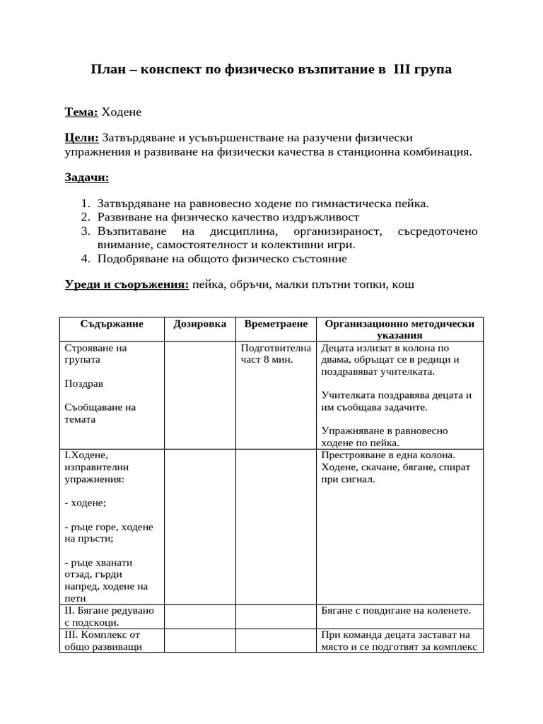 Hodene Plan Konspekt Po Fizichesko Vyzpitanie Za Treta Grupa V Detskata ...