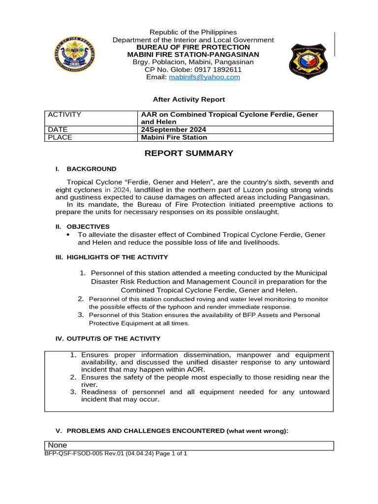 Mabini FS - AAR Combined Tropical Cyclone Ferdie, Gener and Helen | PDF ...