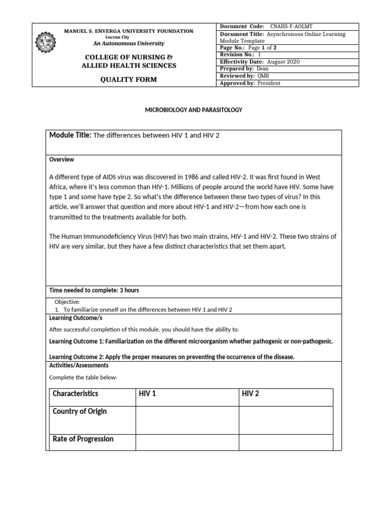 Module 5 ASYNCH-Online-Learning-Module - HiV1 and HiV2 | PDF | Hiv | Virus
