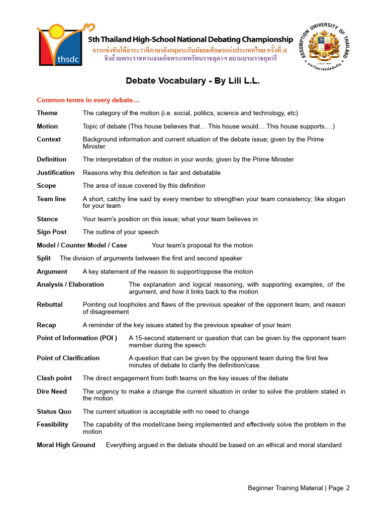 Debate Vocabulary | PDF | Speaker (Politics) | Argument