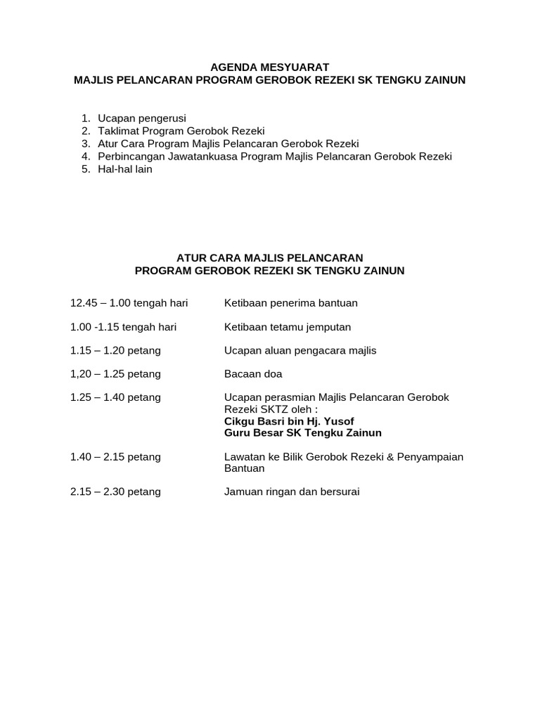 ATUR CARA MAJLIS PELANCARAN GEROBOK REZEKI | PDF