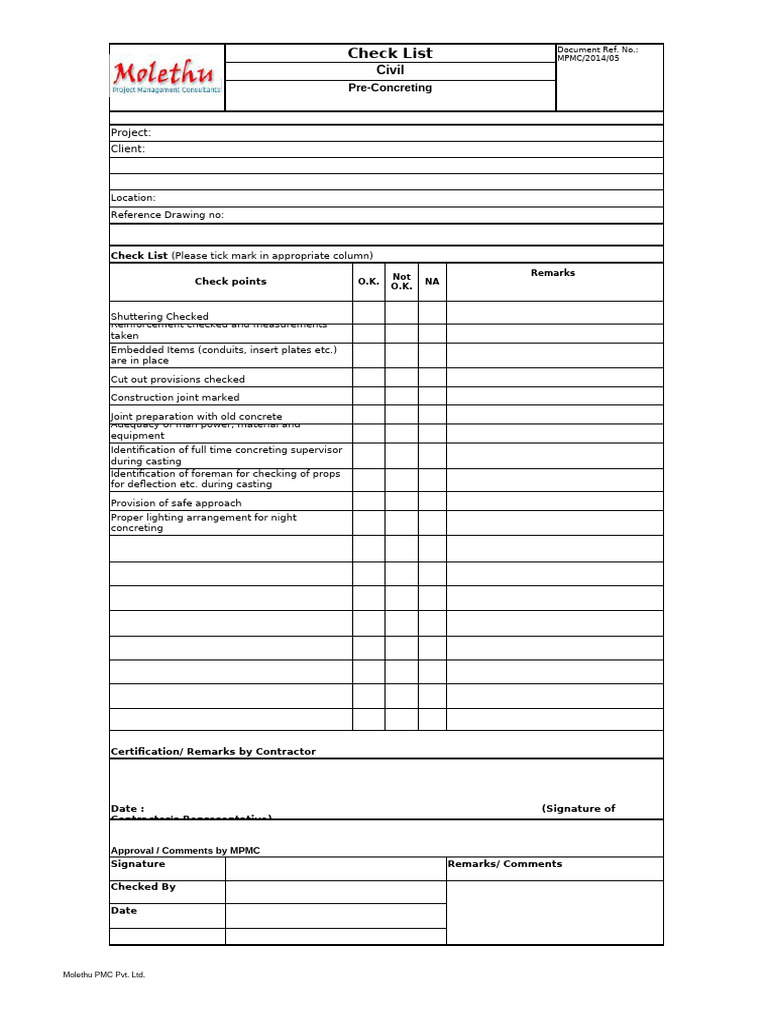 2014 05 Checklist Pre-concreting | PDF
