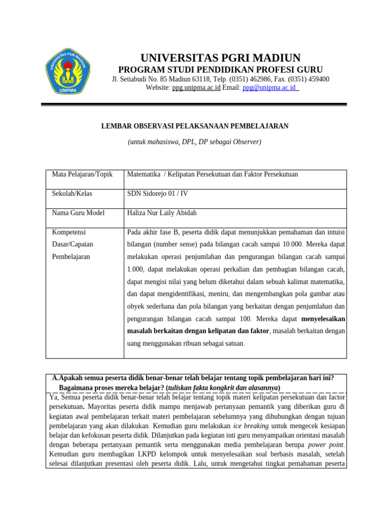 01.05.6-B4-5 Unggah LK 4 - Lembar Observasi Pembelajaran Observer - Siklus 1 | PDF