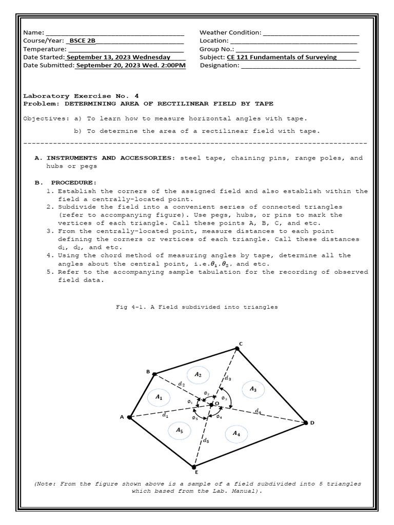 Fieldwork Exercise No. 4 Determining Area of Recti | PDF | Triangle | Area