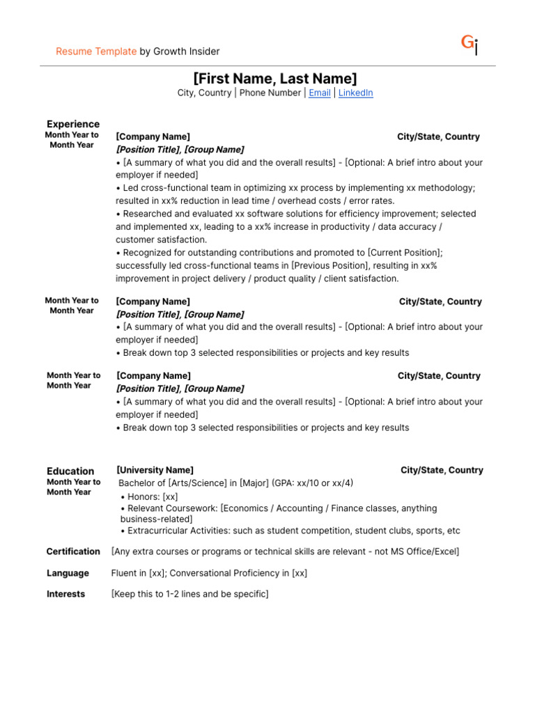 GI Resume Template - Experienced Candidate | PDF | Business | Economies