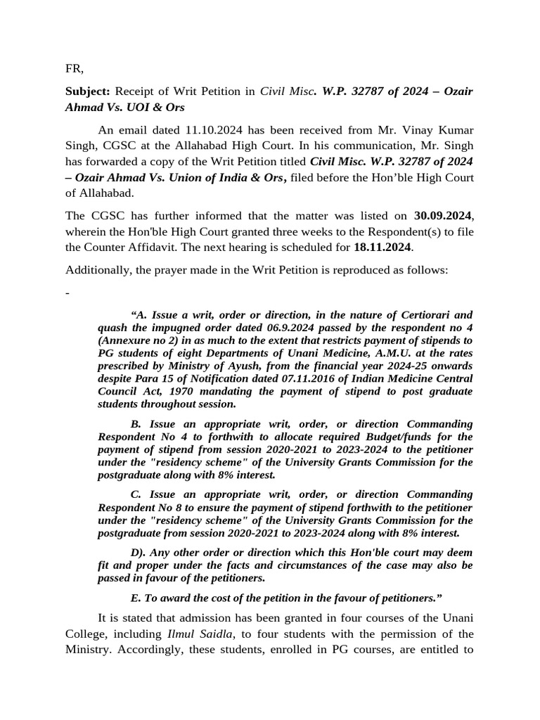 FR UNANI Ankesh Counter Affidavit Noting | PDF | Certiorari | Writ