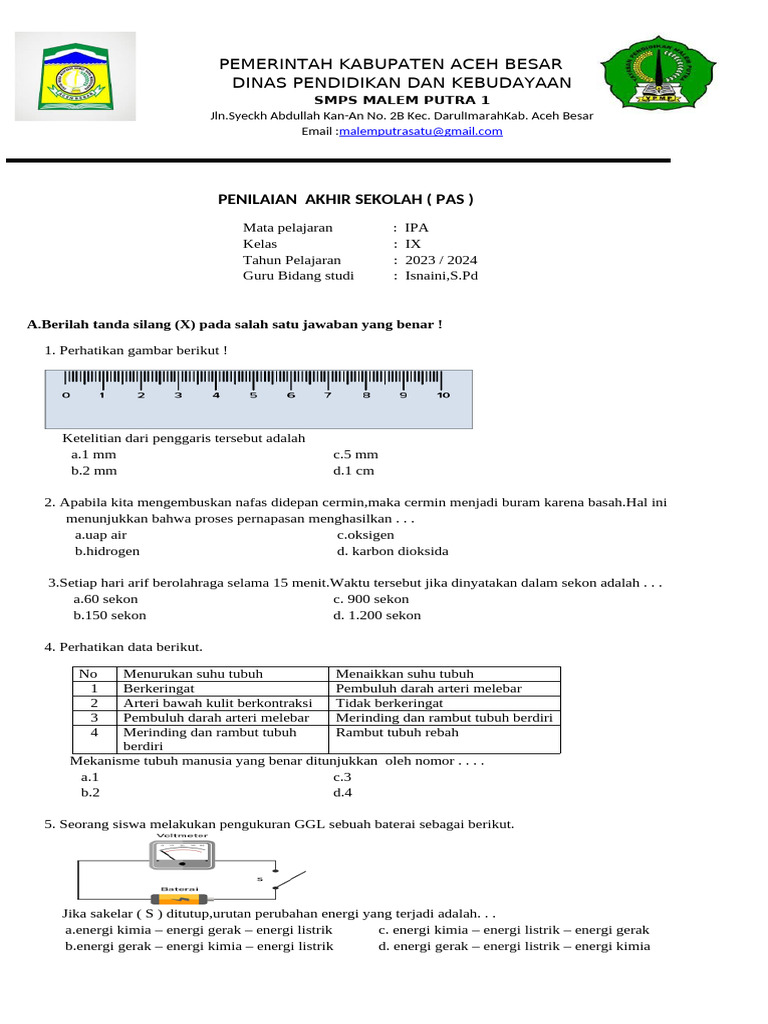 Soal PAS IPA Kelas IX 2023/2024 | PDF