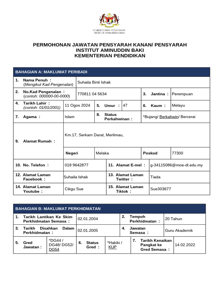 Borang Permohonan Jawatan Pensyarah Iab Tambahan Terkini 270824 | PDF
