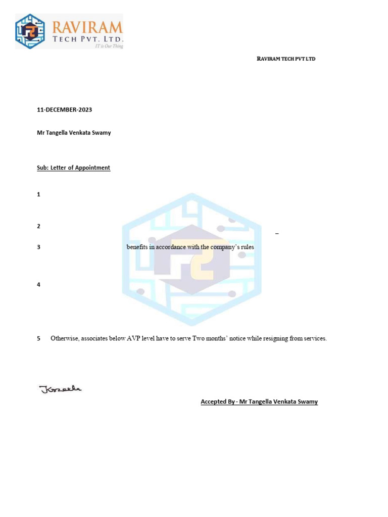 RaviramTech Employee Appointment Letter T.Venkata Swamy | PDF | Salary ...
