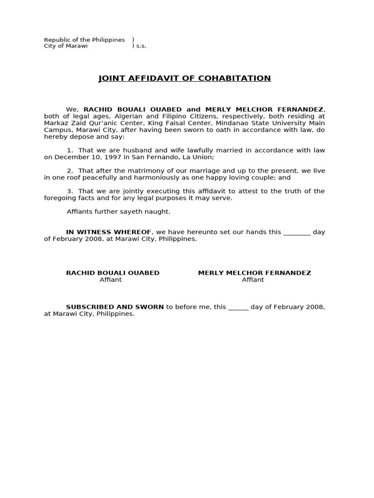 Joint Affidavit of Cohabitation Philippines | PDF