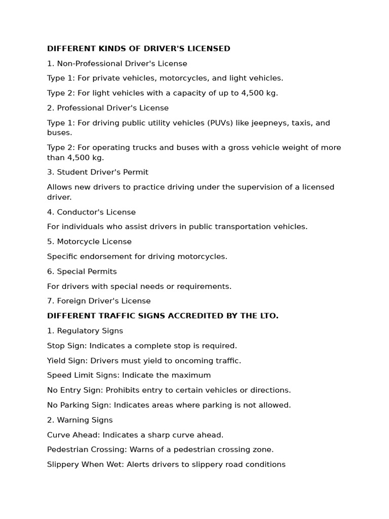 Types of Driver's Licenses and Traffic Signs | PDF