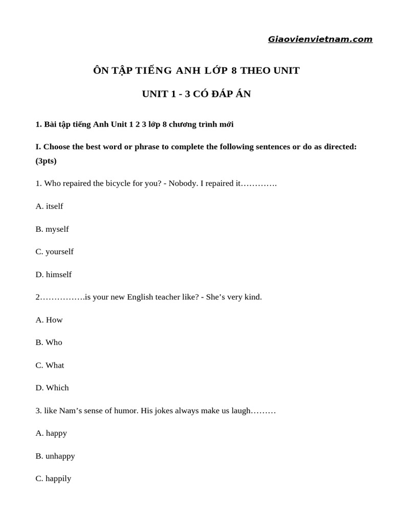 Bai Tap On Tap Tieng Anh Lop 8 1 2 3 | PDF | Linguistics | Syntax