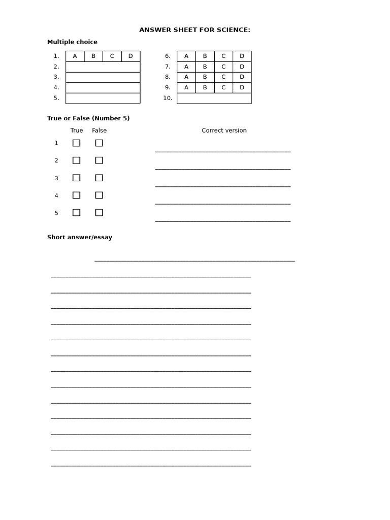 Answer Sheet For Science | PDF