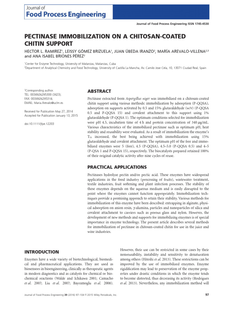 J Food Process Engineering - 2015 - Ramirez - Pectinase Immobilization ...
