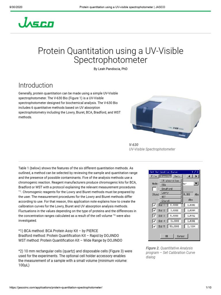 Protein quantitation using a UV-visible spectrophotometer _ JASCO | PDF | Spectrophotometry ...