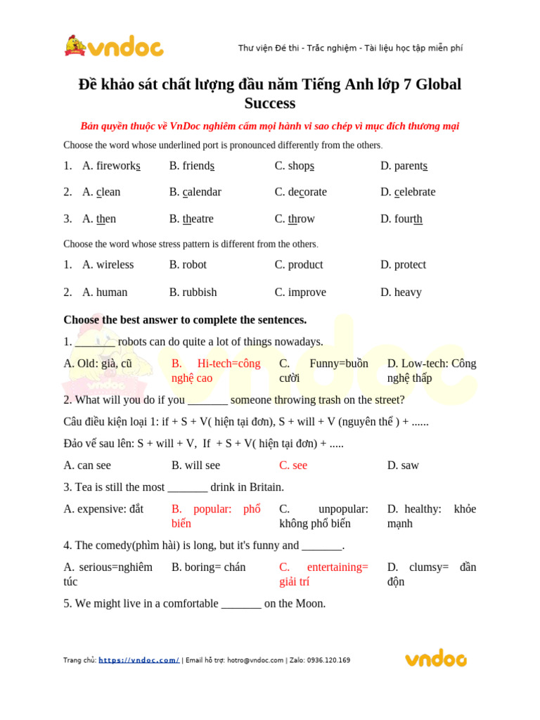 De Khao Sat Chat Luong Dau Nam Tieng Anh Lop 7 Global Success | PDF | Recycling | Natural ...