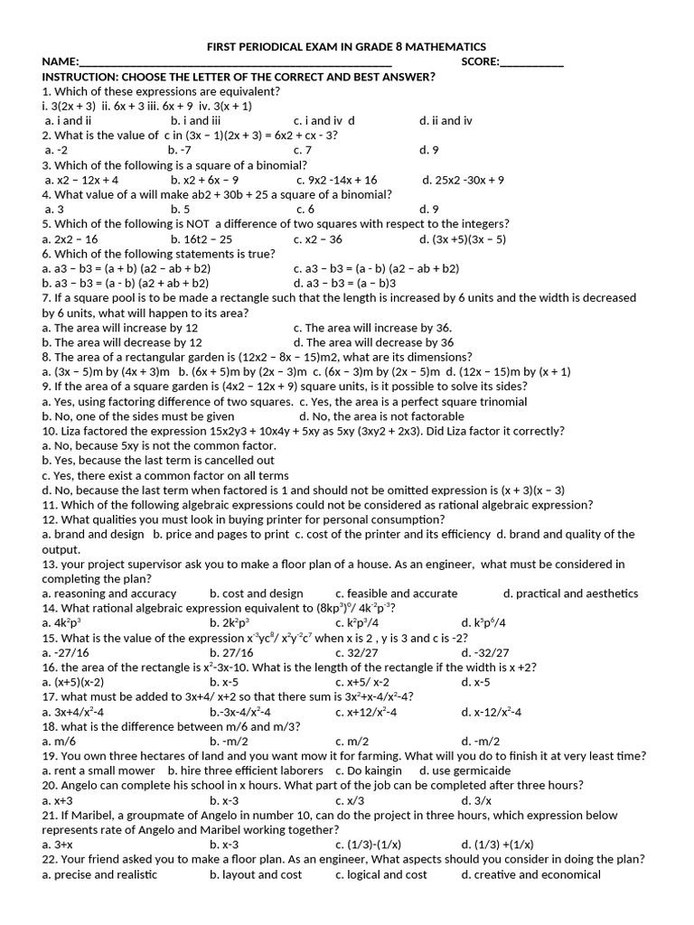 Grade 8 Math Periodical Exam Questions | PDF | Slope | Cartesian ...