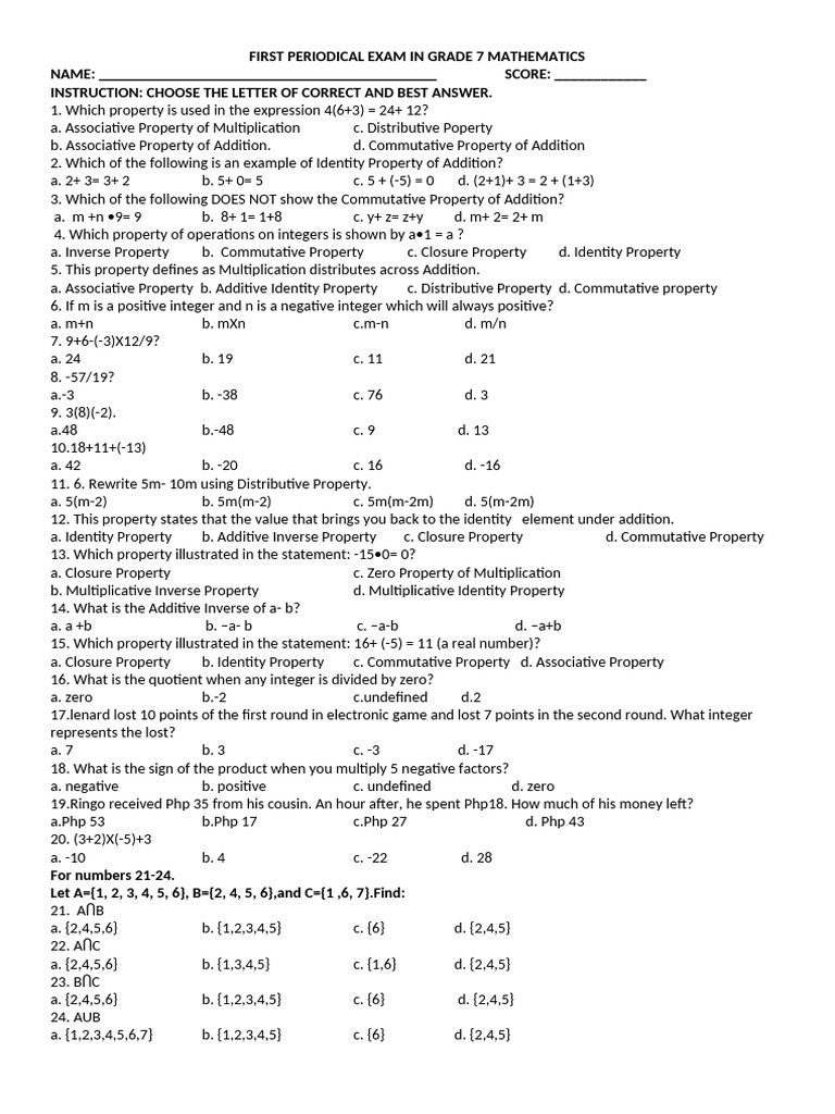 g7 First Periodical Exam | PDF | Multiplication | Ring Theory