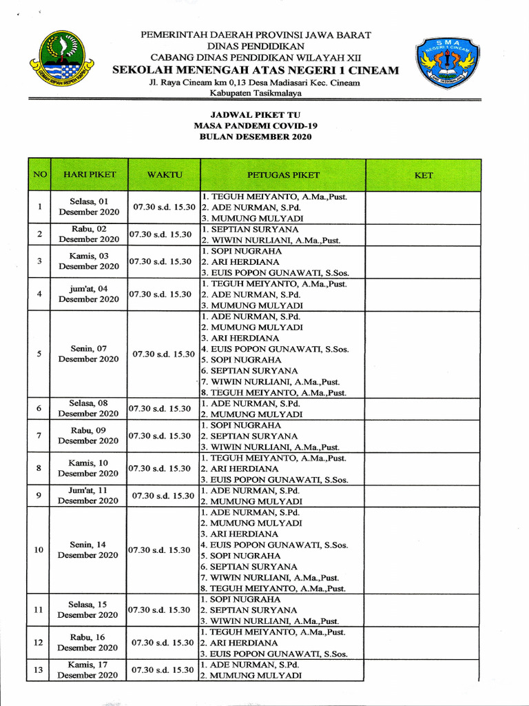 Jadwal WFH Tu Bulan Desember 2020 | PDF