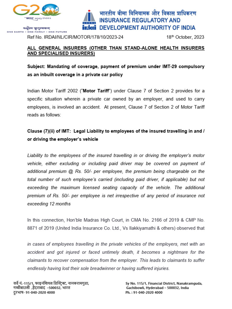 Circular On Compulsory IMT 29 Under Motor Insurance | PDF | Insurance ...