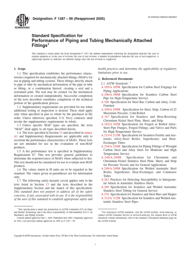Astm F1387 - 1999 | PDF | Pipe (Fluid Conveyance) | Steel