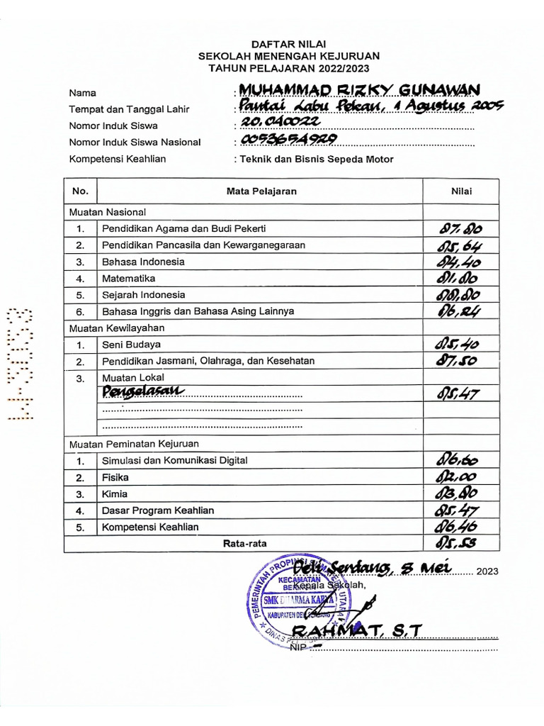 Transkrip Nilai Ijazah - Riski | PDF