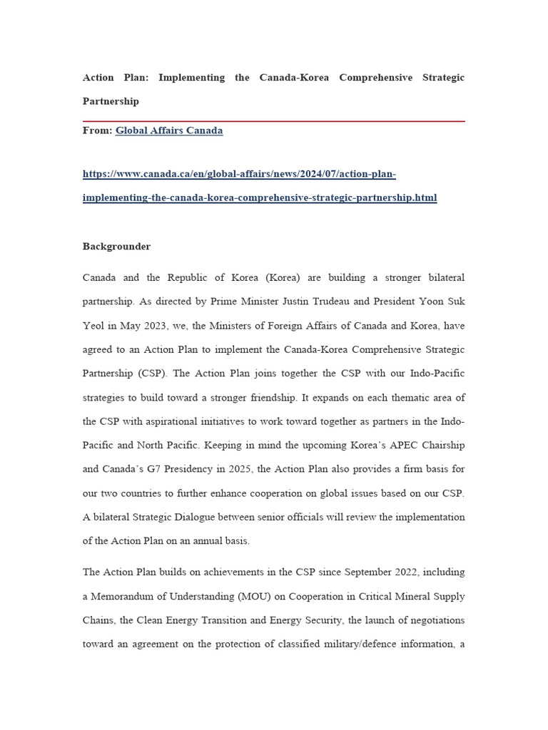 Implementing Canada South Korea Comprehensive Strategic Partnership ...