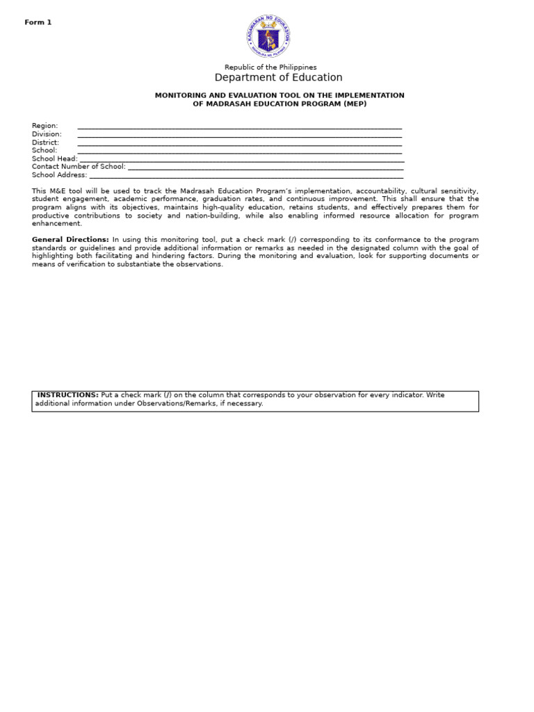 MEP Implementation Monitoring Tool | PDF | Teachers | Educational ...