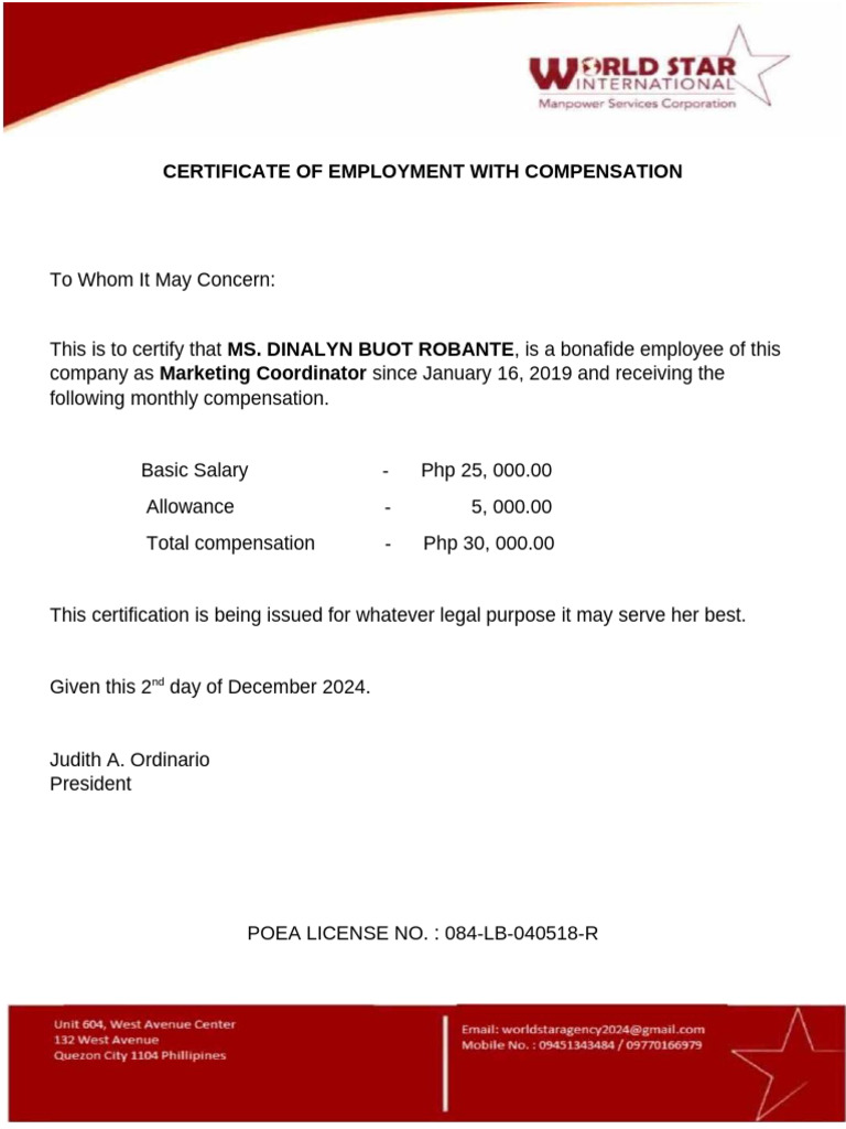 Certificate of Employment With Compensation | PDF