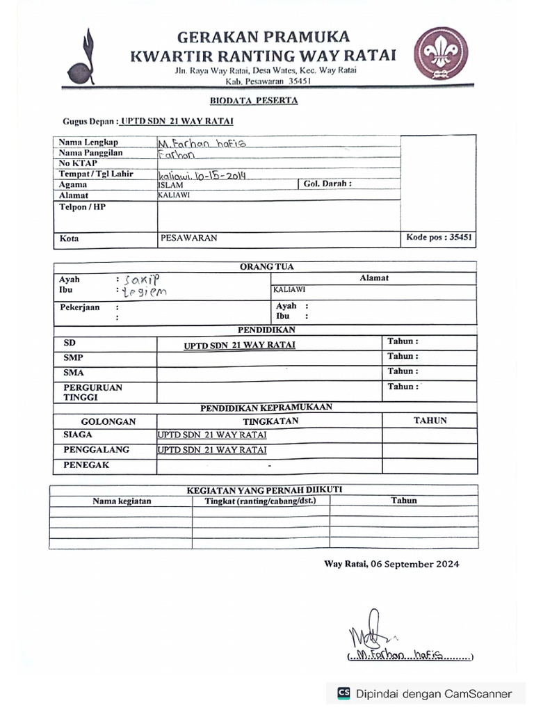 Biodata Siswa Pramuka | PDF