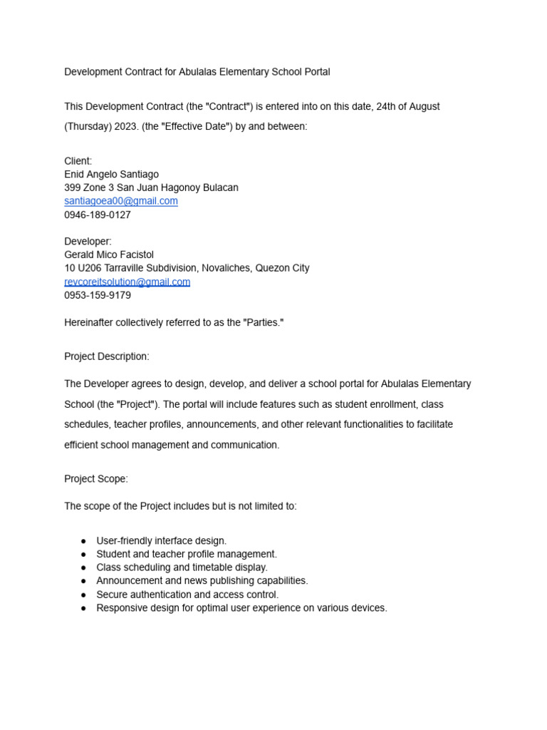 Development Contract For Abulalas Elementary School Portal | PDF