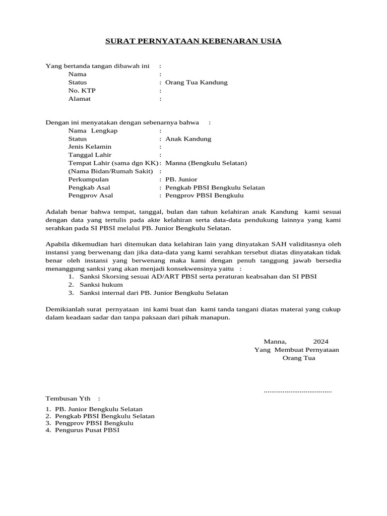 Pbsi Surat Pernyataan Kebenaran Usia 2024 | PDF