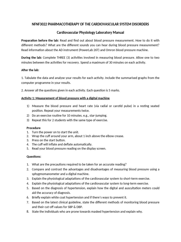 Cardiovascular Physiology Lab Manual | PDF | Blood Pressure | Hypertension