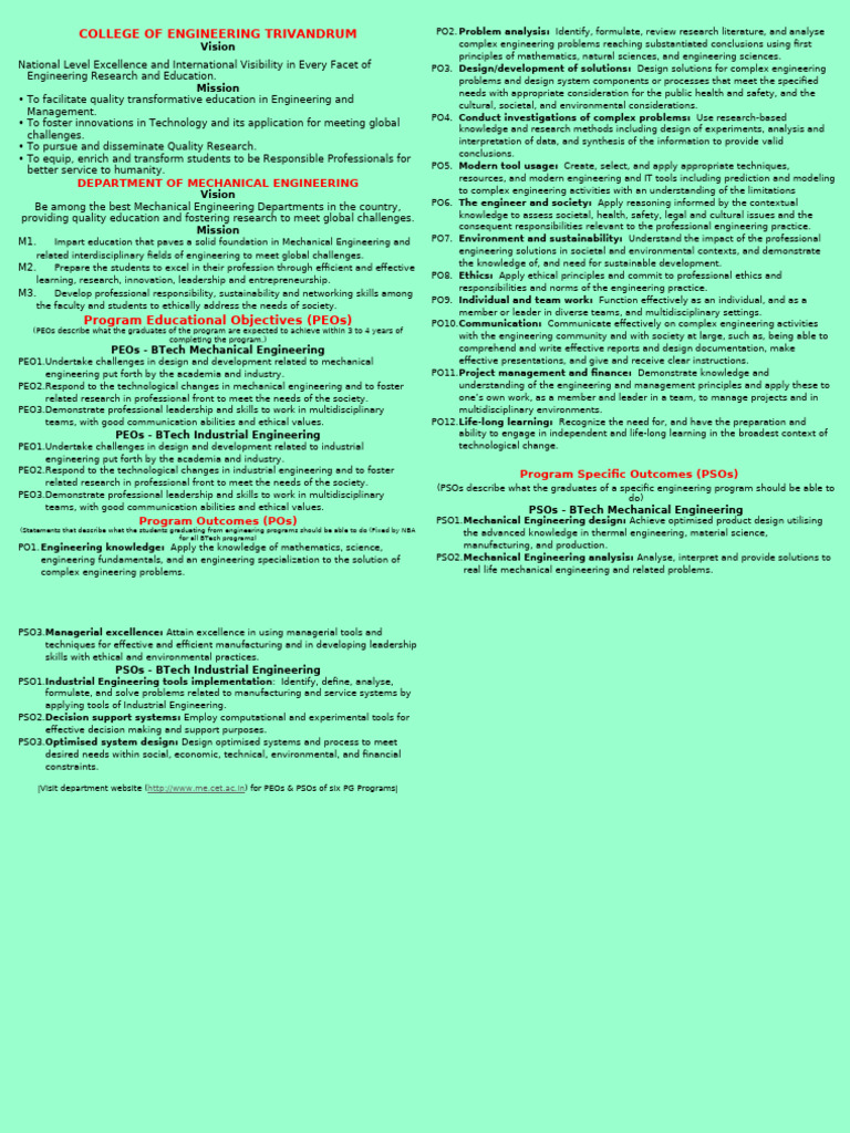 V M PEO PO PSO Leaflet | PDF | Engineering | Mechanical Engineering
