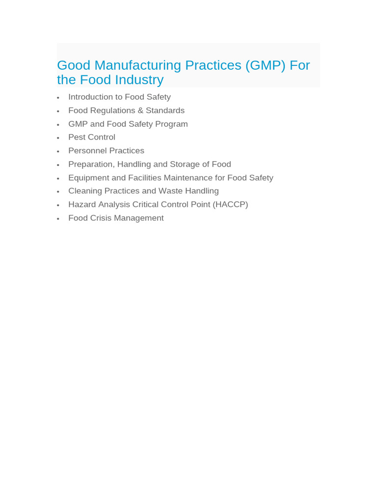 Good Manufacturing Practices - Coure Outine | PDF