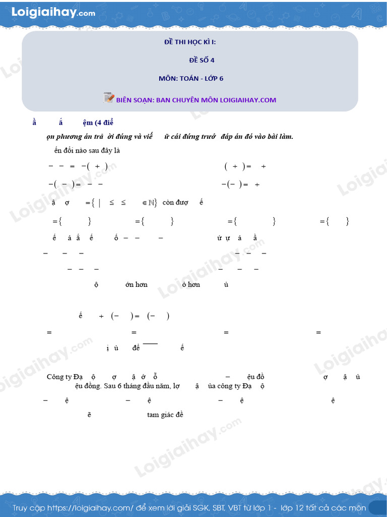De Kiem Tra Hoc Ki 1 Toan 6 de So 4 Chan Troi Sang Tao 1669974287 Trang | PDF