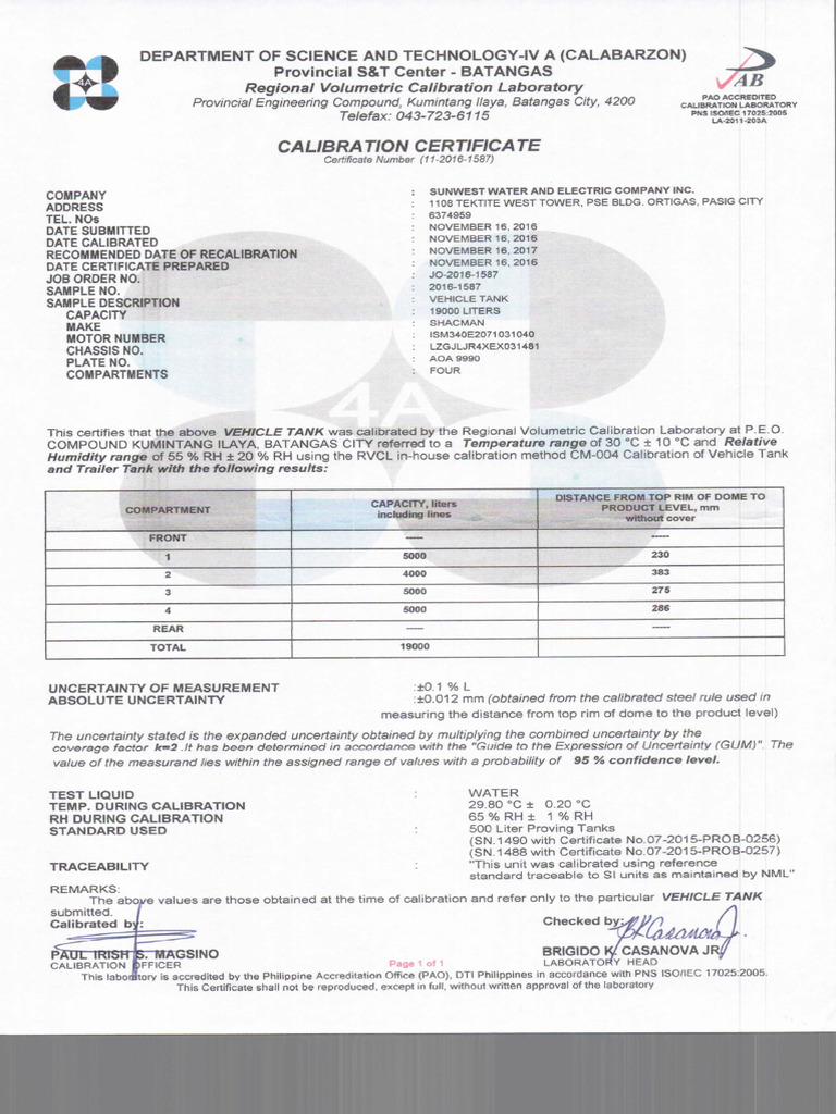 SHACMAN 19kl Truck Calibration Certificate | PDF