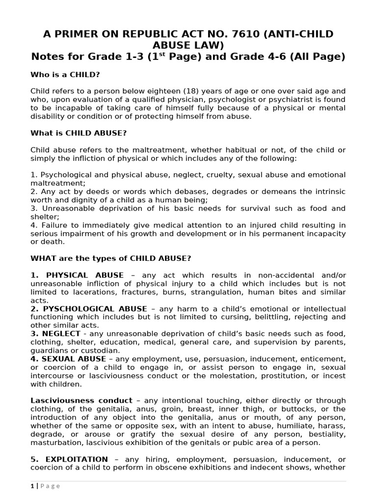 Ra 7610 Notes For Elementary | PDF | Child Abuse | Sexual Abuse