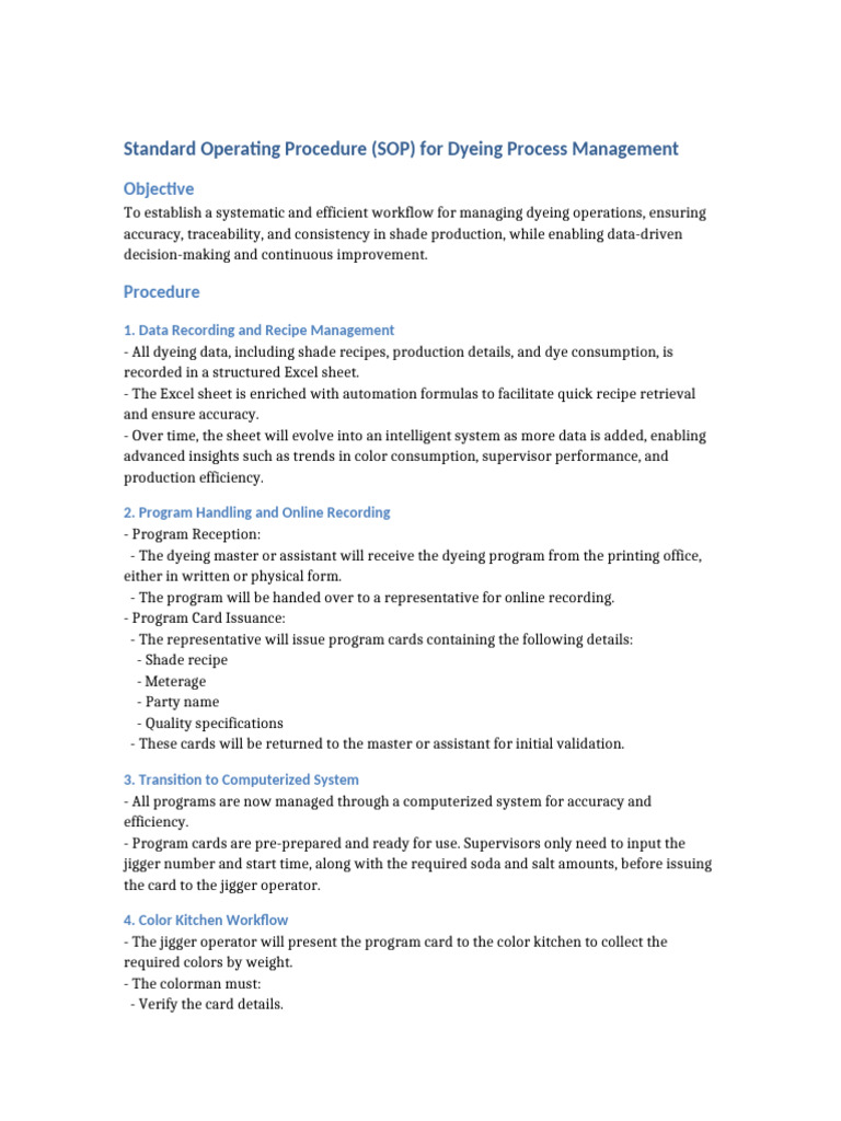 SOP for Dyeing Process Management | PDF | Accuracy And Precision | Business
