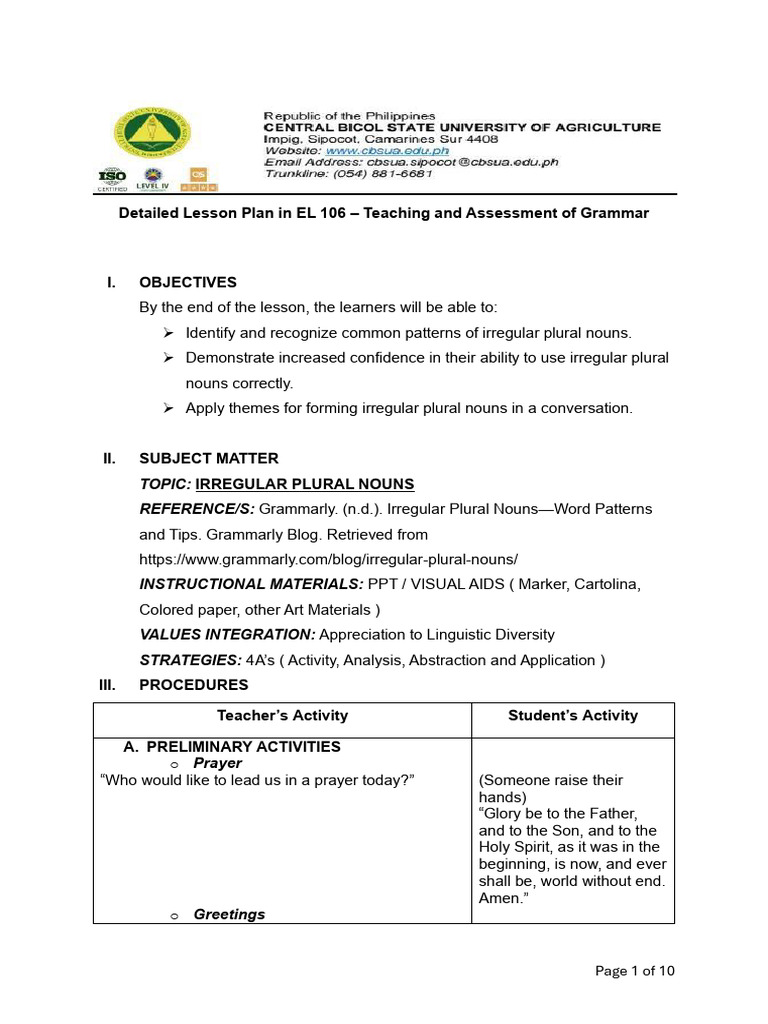Irregular Plural Nouns Lesson Plan | PDF | Plural | Noun