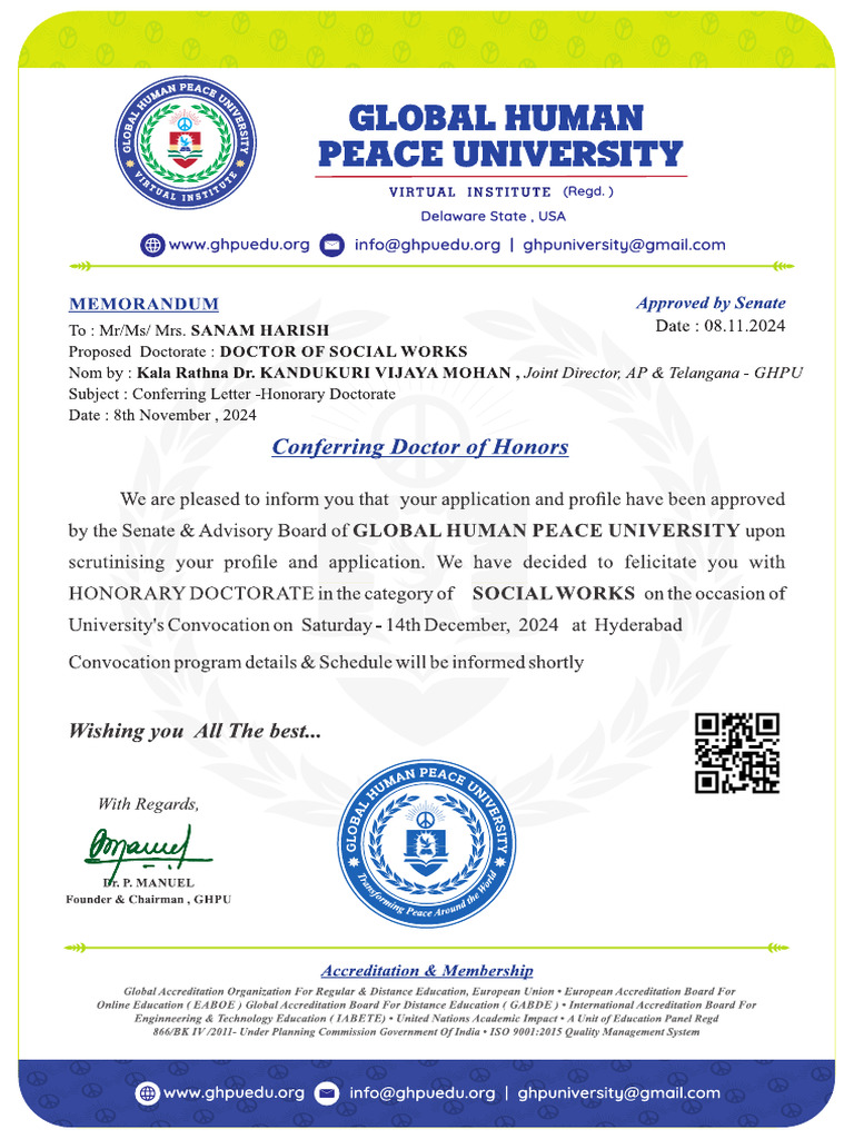 Confer Letter - Mr. Sanam Harish | PDF