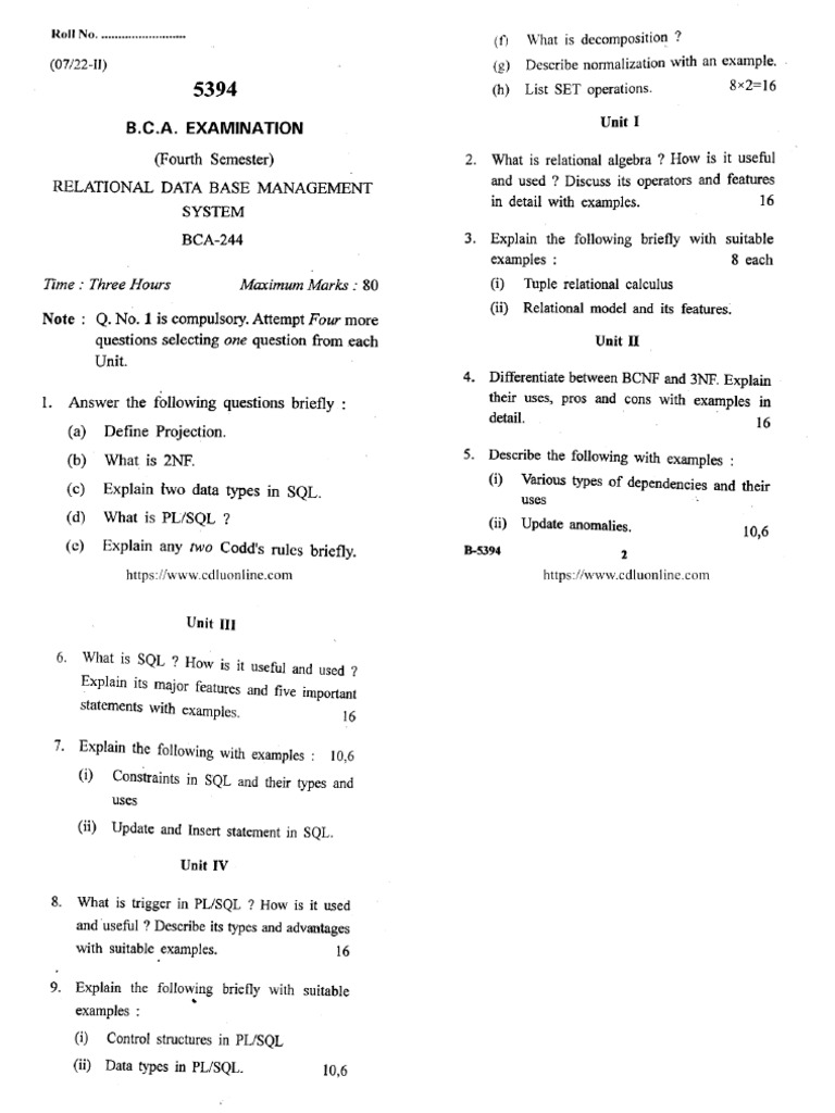 Bca 4 Sem Relational Data Base Management System 5394 Jul 2022 | PDF